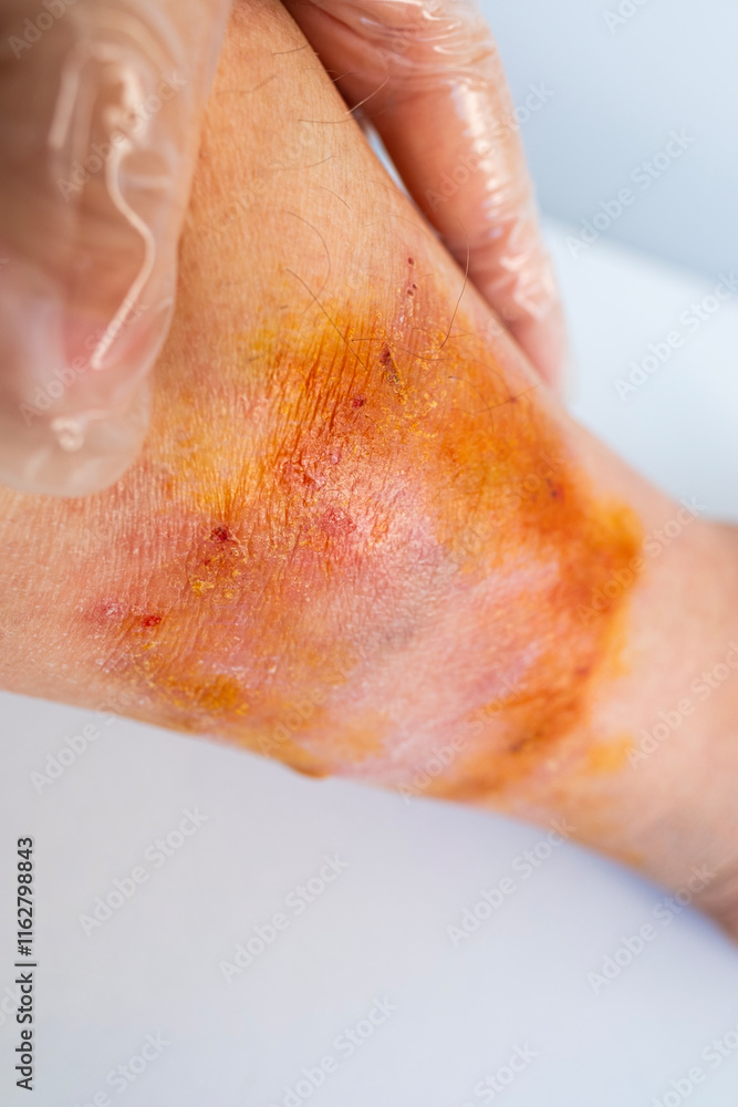 hands nurse checking condition damaged skin on female limb, wound on ...