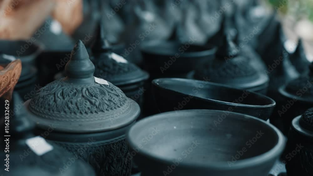 Selective focus on thai clay pots with lids standing on market shelf ...