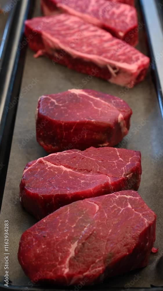 Large, dark red marbled beef steaks on special parchment boards on top ...
