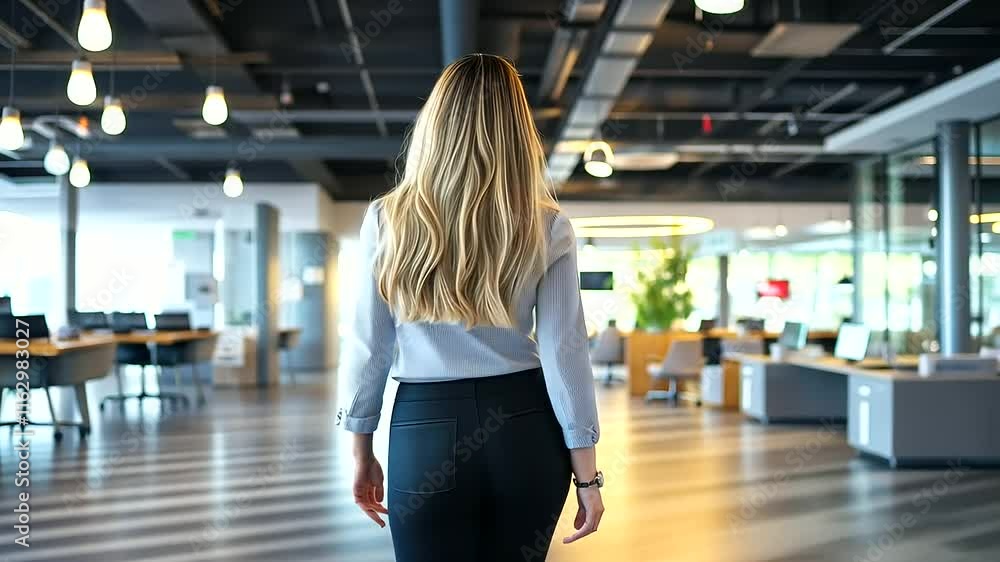 Rear view of a woman wearing a business casual outfit, walking into a ...