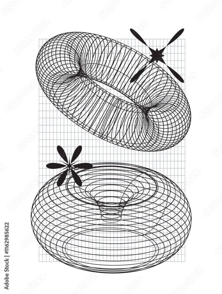 Abstract wireframe 3D torus shapes with grid patterns and decorative ...
