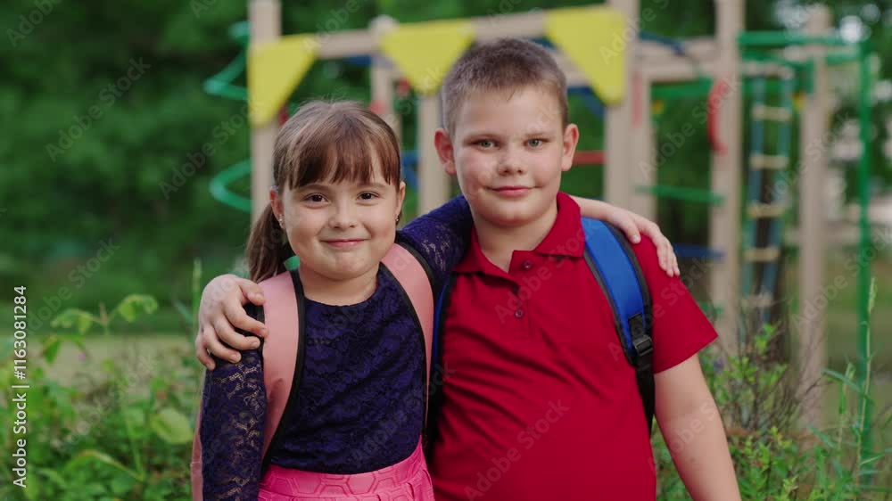 students with school backpacks are smiling while looking camera. happy ...