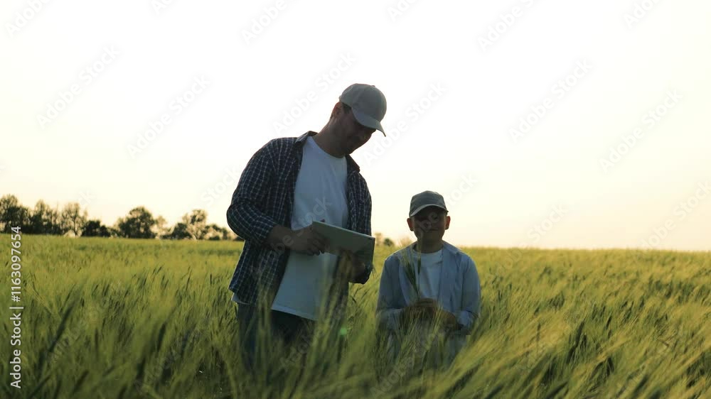 summer season, professional farmer son child kid working together wheat field, developing family ...