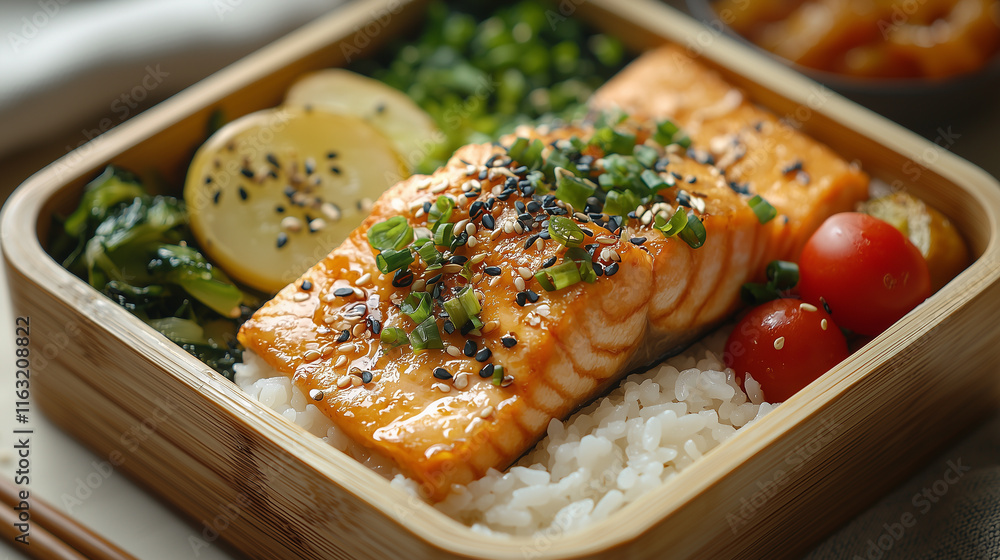 Healthy salmon bento box with steamed rice, fresh vegetables, and ...