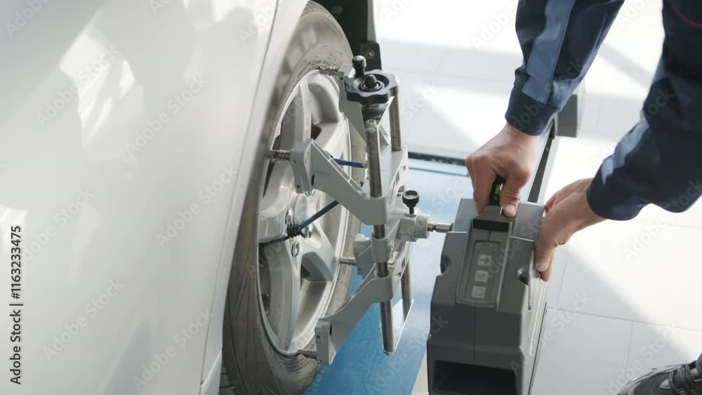 Mechanic performing a wheel alignment process in a modern workshop ...