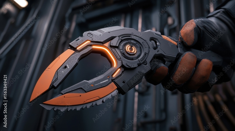 Futuristic and powerful bolt cutter with glowing orange accents ...