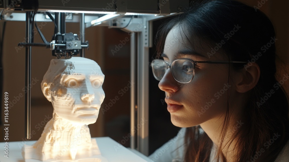 Young woman intently observing a 3D printed bust under a machine's ...