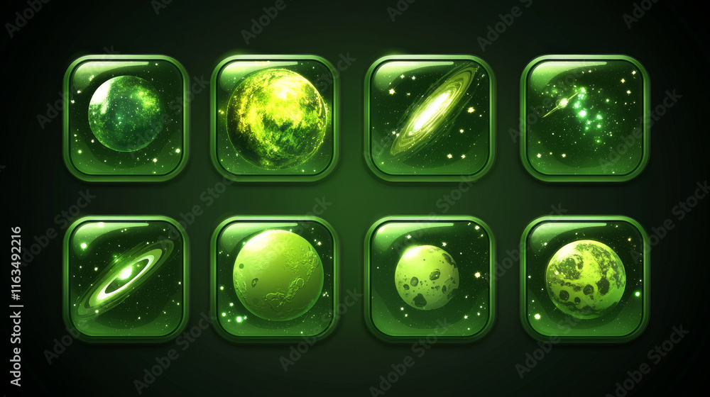 Cartoon space game app icons with green planets and asteroids for ...