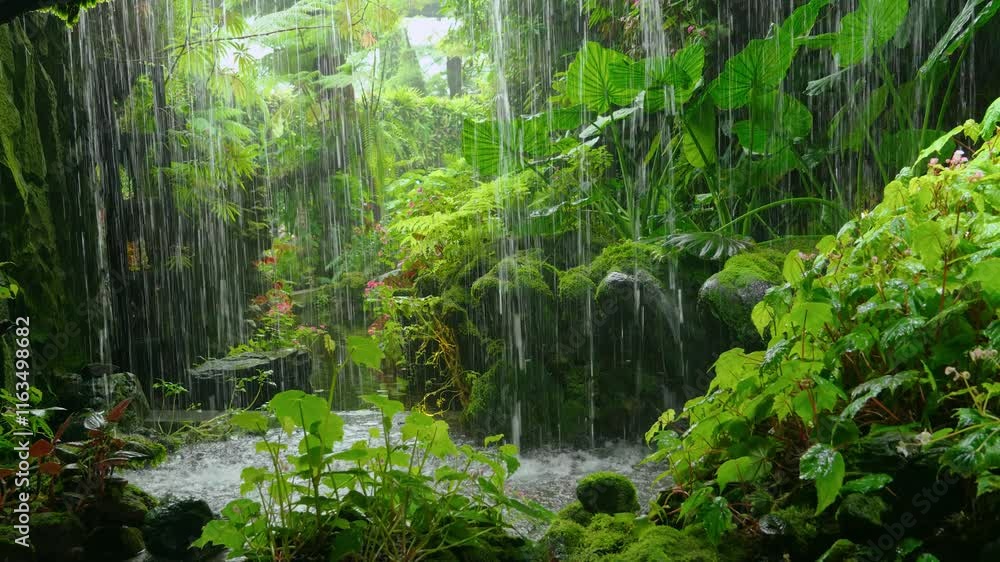 Tropical rainforest waterfall exhibit receiving heavy rainfall Stock ...