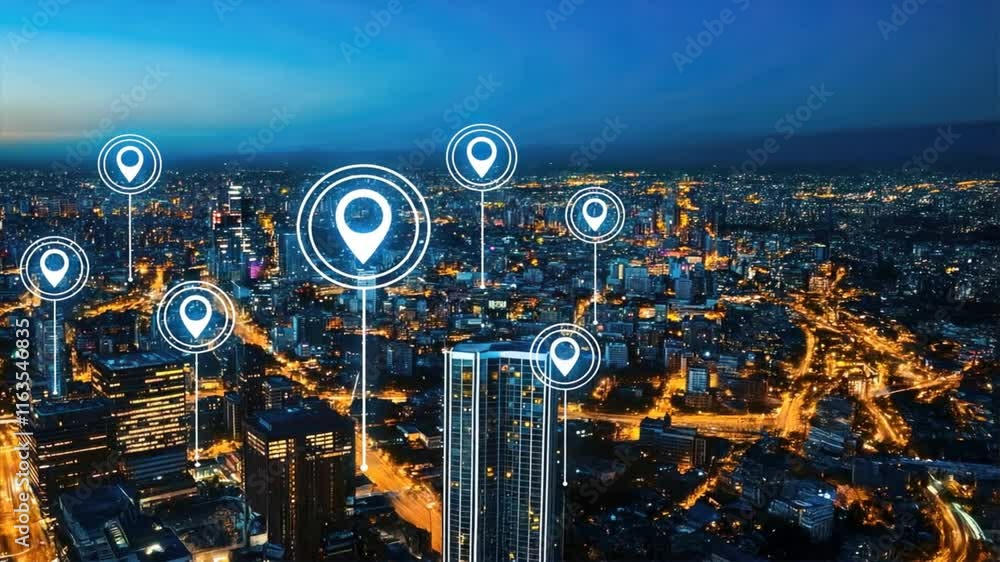A city map displays location pins glowing above an urban landscape at ...