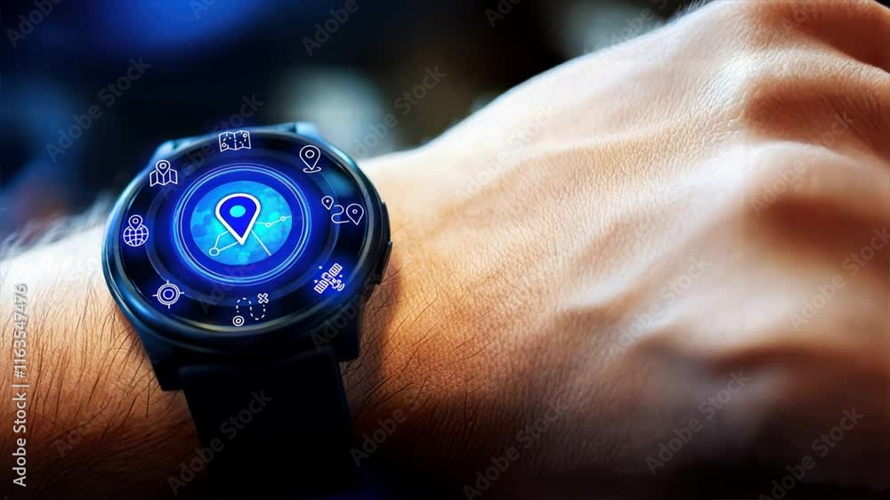 Close up of a smartwatch with a blue map and navigation icons ...