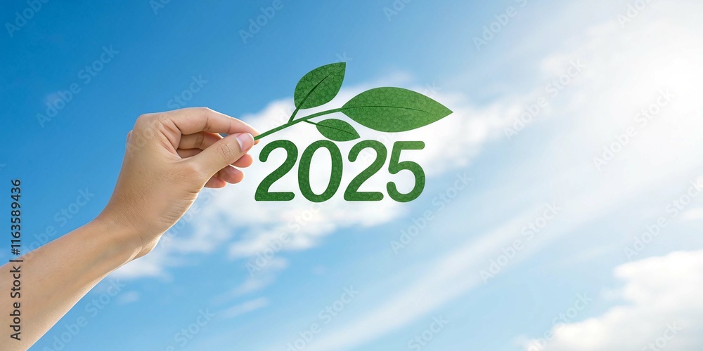Hand holding leaves with 2025 against a blue sky, symbolizing New Year ...