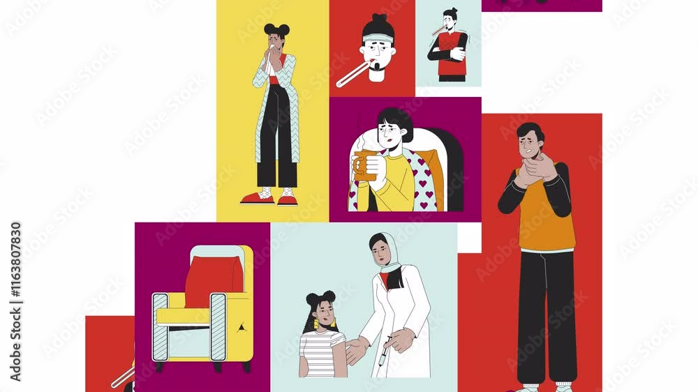 Illnesses seasonal bento grid animation. Winter sickness symptoms. Flu ...