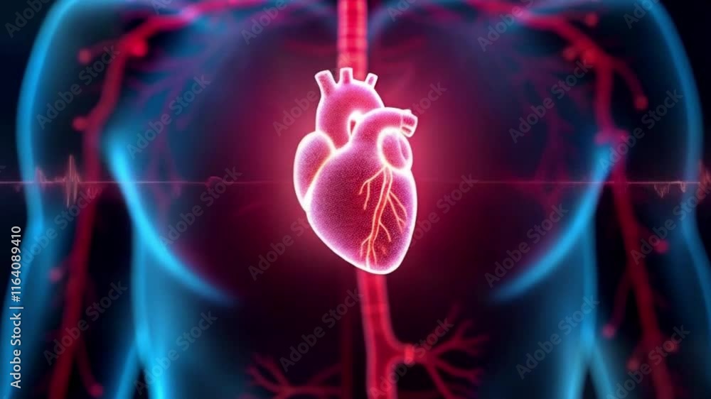 Creative stylized red heart cardiogram with human heart on black ...