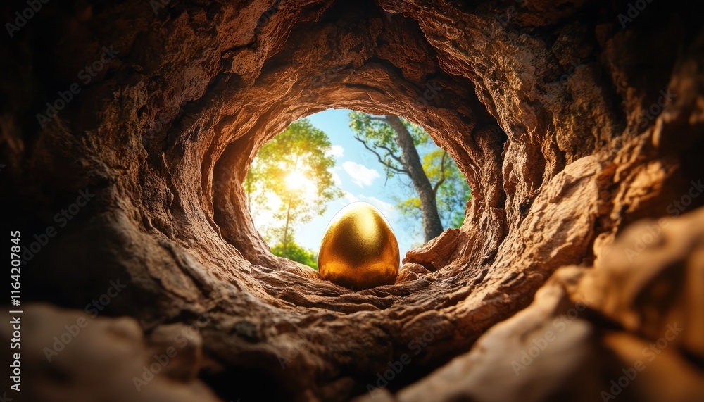 Discover a golden egg hidden in the crook of an old tree trunk ...