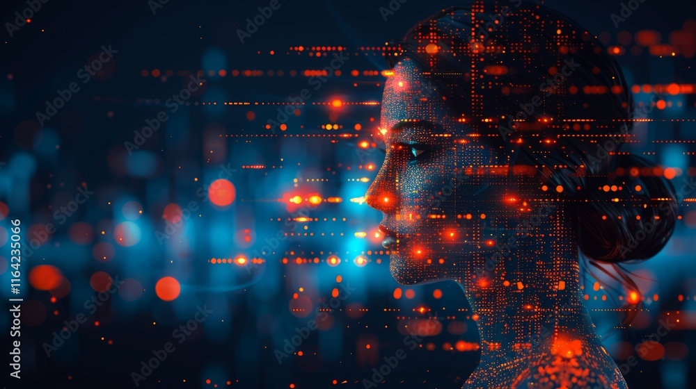 Woman's profile overlaid with digital data streams and glowing ...