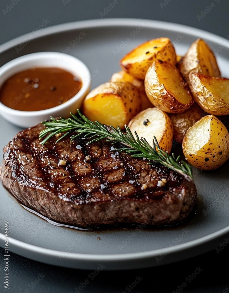 Elegant presentation of perfectly cooked steak with roasted potatoes ...