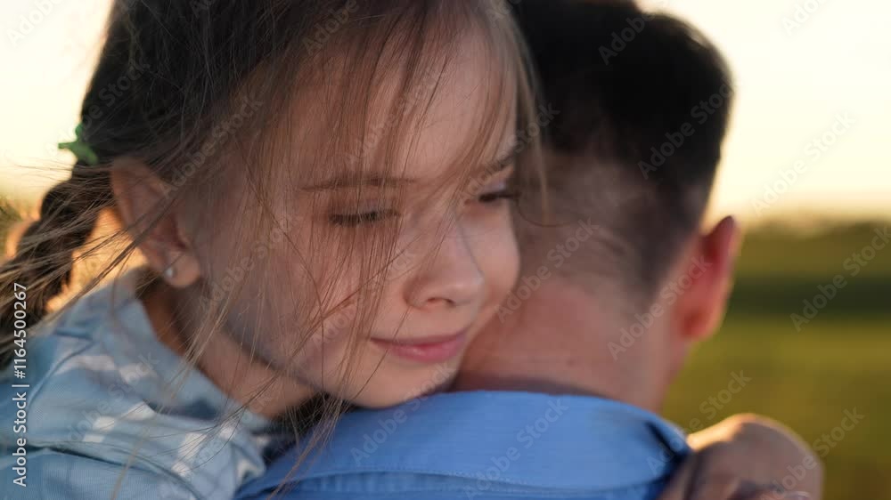 Girl hugging her father sunset, Daughter embracing dad outdoors, Child father bonding nature ...