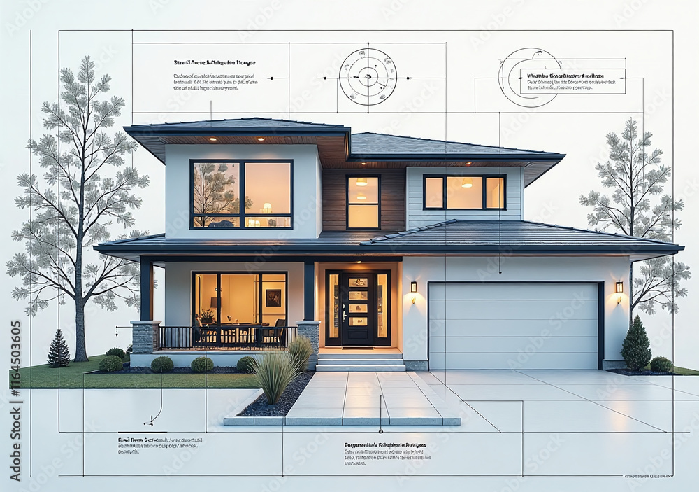smart home blueprint overlays modern house design technology Stock ...