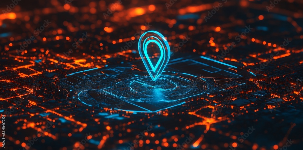 On a dark background, a map is illuminated with blue location pins, one ...