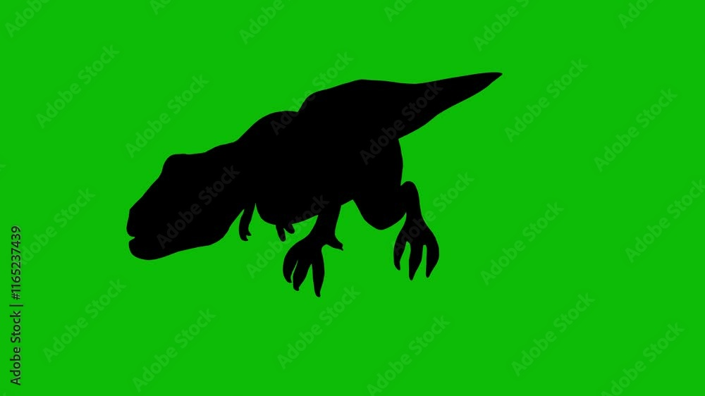 Silhouette of a tyrannosaurus rex (T-Rex) dinosaur running on green ...