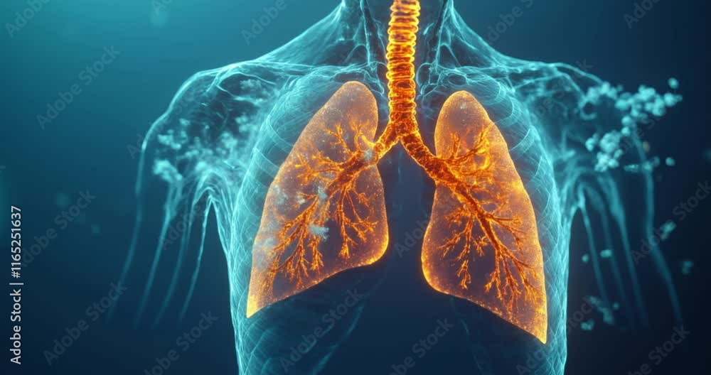 Anatomical representation of human lungs glowing with blue and red ...