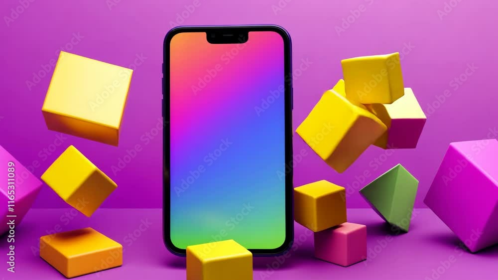 Phone is shown in the air with colorful blocks surrounding it. The ...