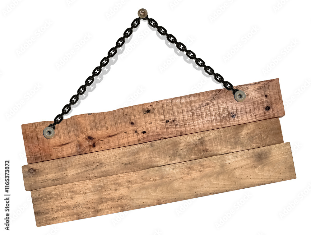 Plakát Pancarte bois brut suspendu avec une chaînette, fond blanc ...