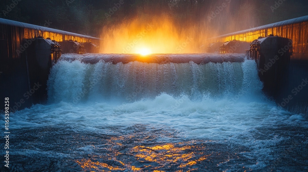 Hydroelectric dam releasing water, rainbow forming in spray Stock Photo ...