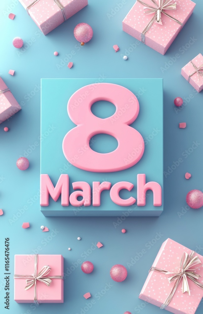 8 March, text in pink color, large font on a light blue background with ...