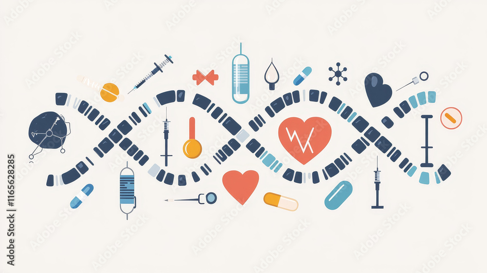 DNA formed of medicine icons. Radiograph or roentgenogram, syringe and ...