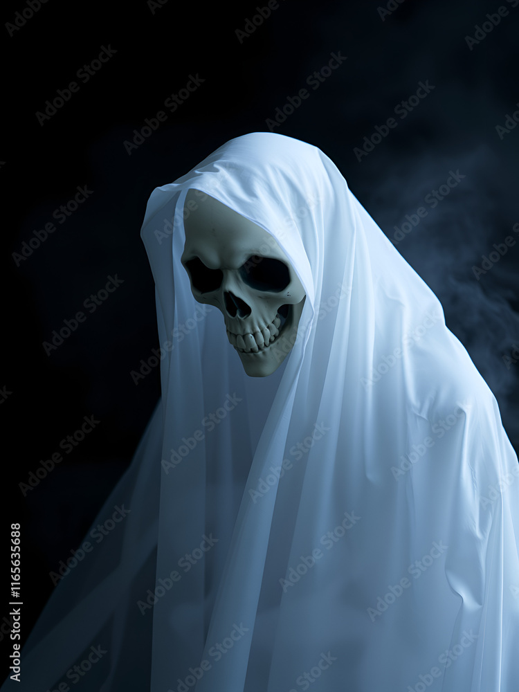 ghost evil skull figure white shroud floating dark background halloween ...