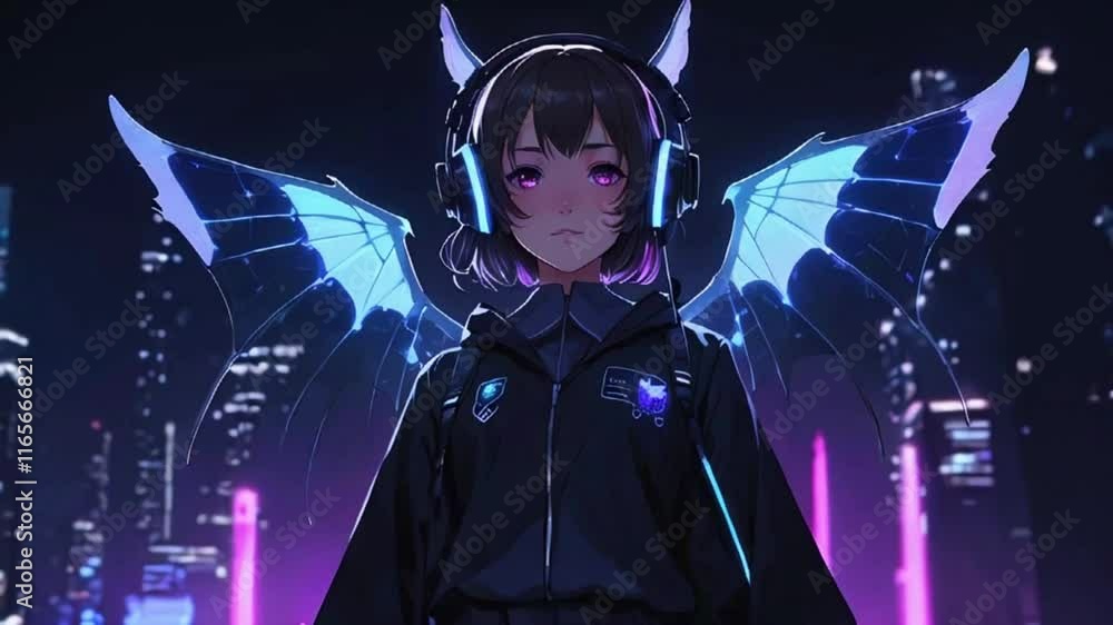 A nocturnal girl bat wings ears, dark-themed cyber school uniform with ...