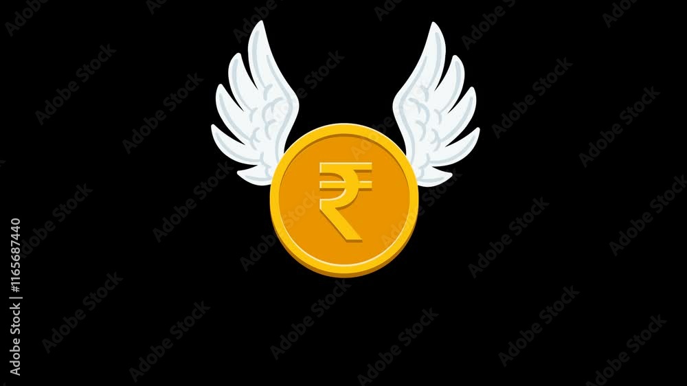 Animation of a coin rupee sign flying with wings. Transparent and green ...