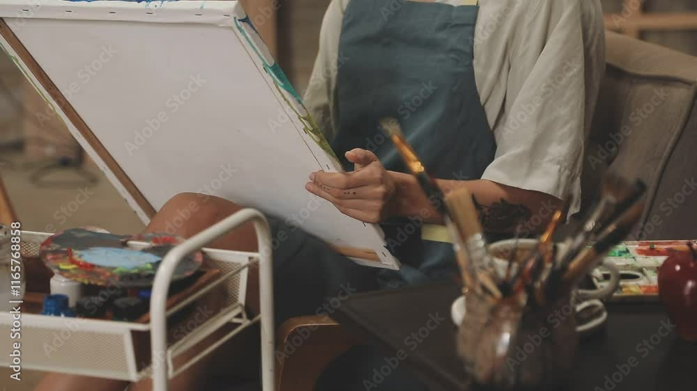 Female Artist Works on Abstract Oil Painting, Moving Paint Brush ...