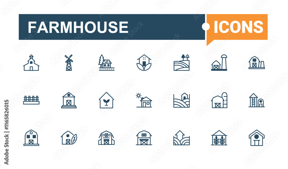 Farmhouse linear icon collection. Includes icons for field, machine ...