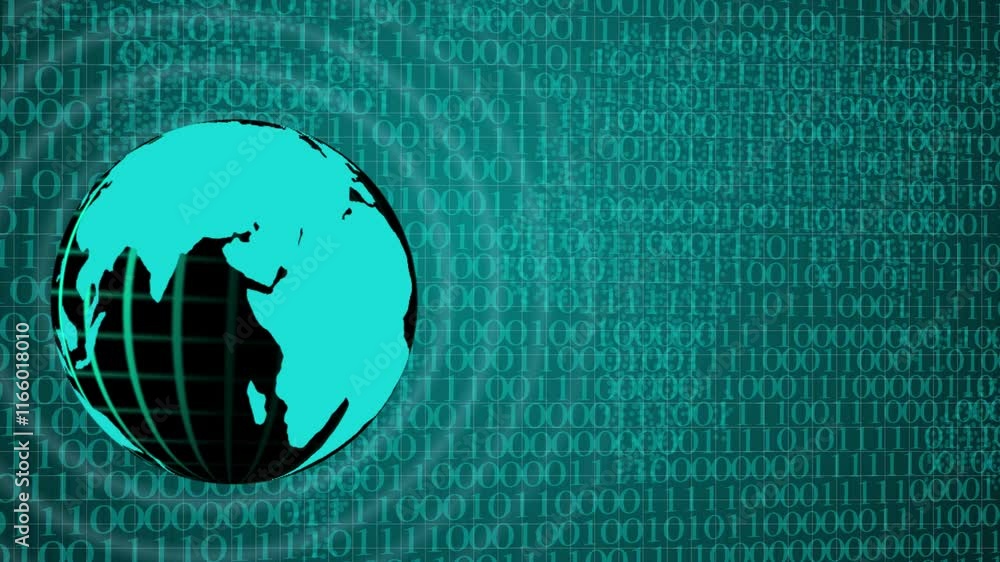 Animation of grid patterned globe over computer language and binary codes on black background ...