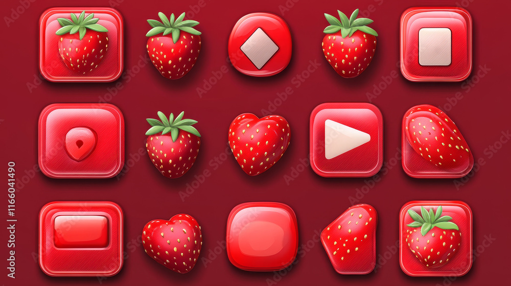 Buttons with strawberry texture for game interface. Vector cartoon set ...