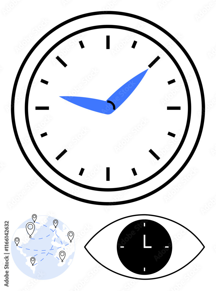 Clock representing time management, global map with pins for worldwide ...