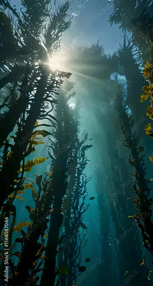underwater towering giant kelp forest backlit by streaming sunlight ...