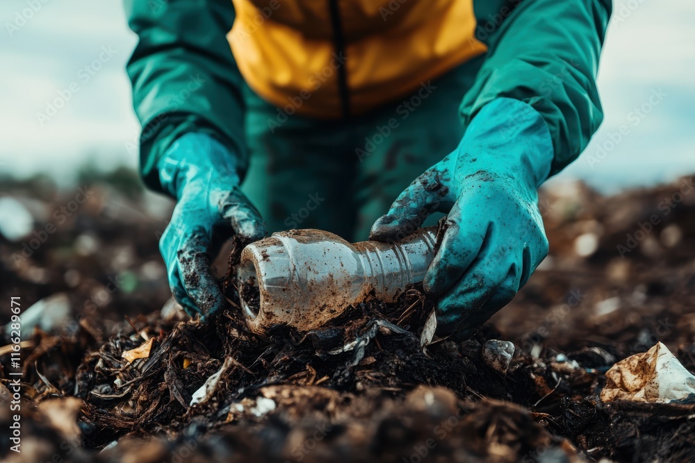 Poster Volunteers clean a polluted area by collecting plastic waste and ...