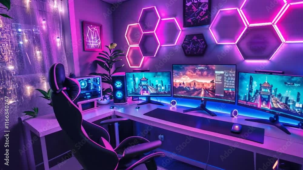 Vibrant gaming setup with neon-lit hexagonal wall panels. Multiple ...