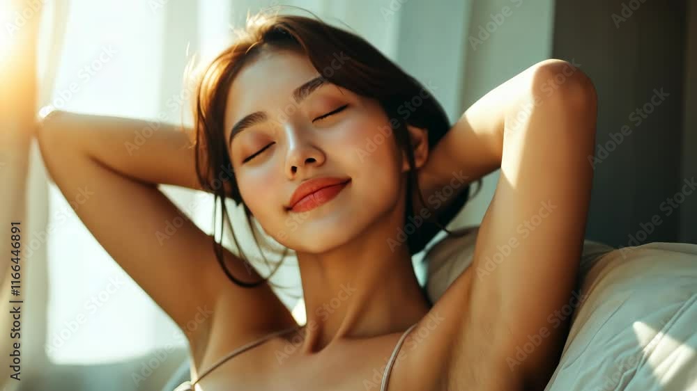 A Woman Is Laying On A Bed With Her Arms And Legs Spread Out She Is