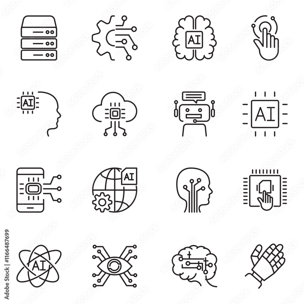 Artificial intelligence set of web icons in line style. AI technology icons for web and mobile ...