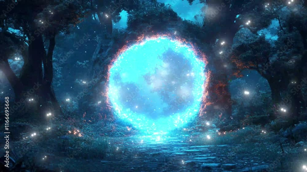 A mystical mirror illuminates a dark forest, casting an enchanting glow ...