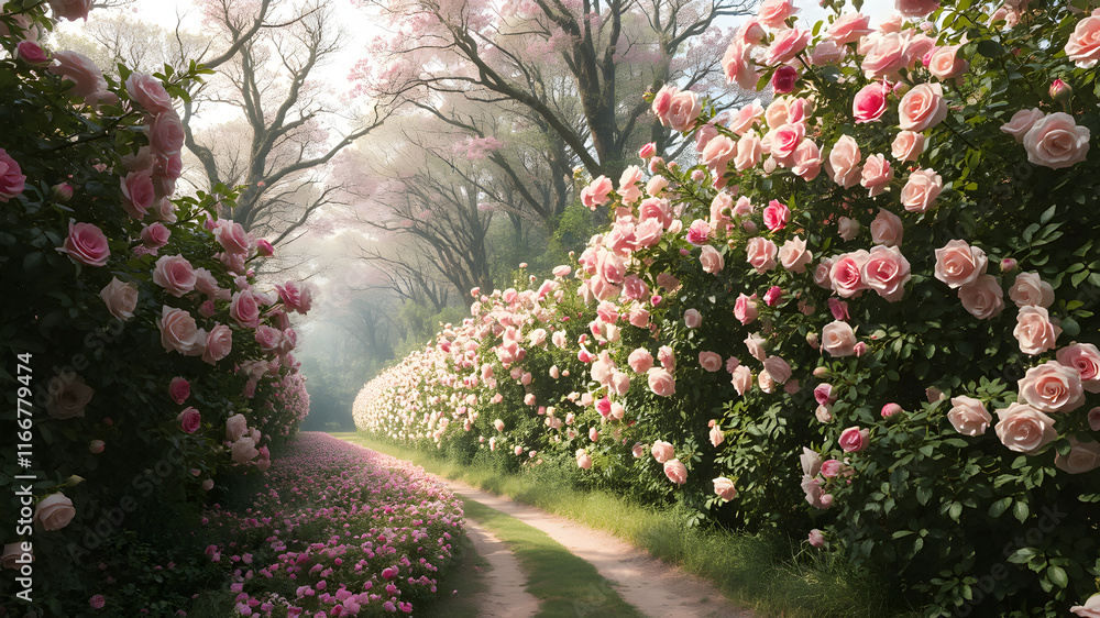 Journey deep into an enchanted forest where towering rose bushes create ...