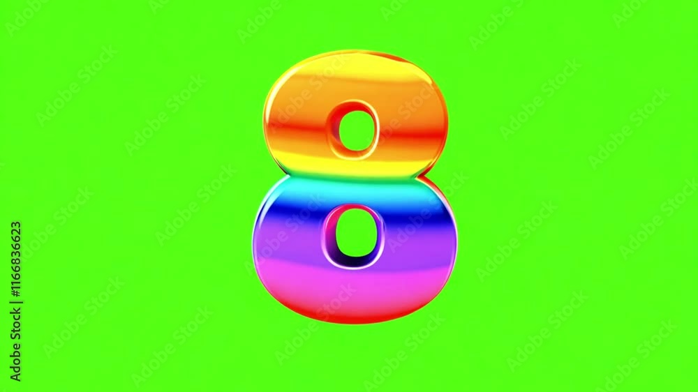 Number 8 rainbow colors on green screen background. 3D Number 8 logo ...