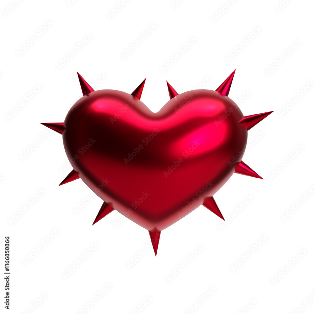 valokuva-3d-red-metallic-heart-with-spikes-and-thorns-glossy-chrome