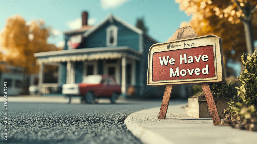 Have move icon, We have moved sign with flag for new address and office ...