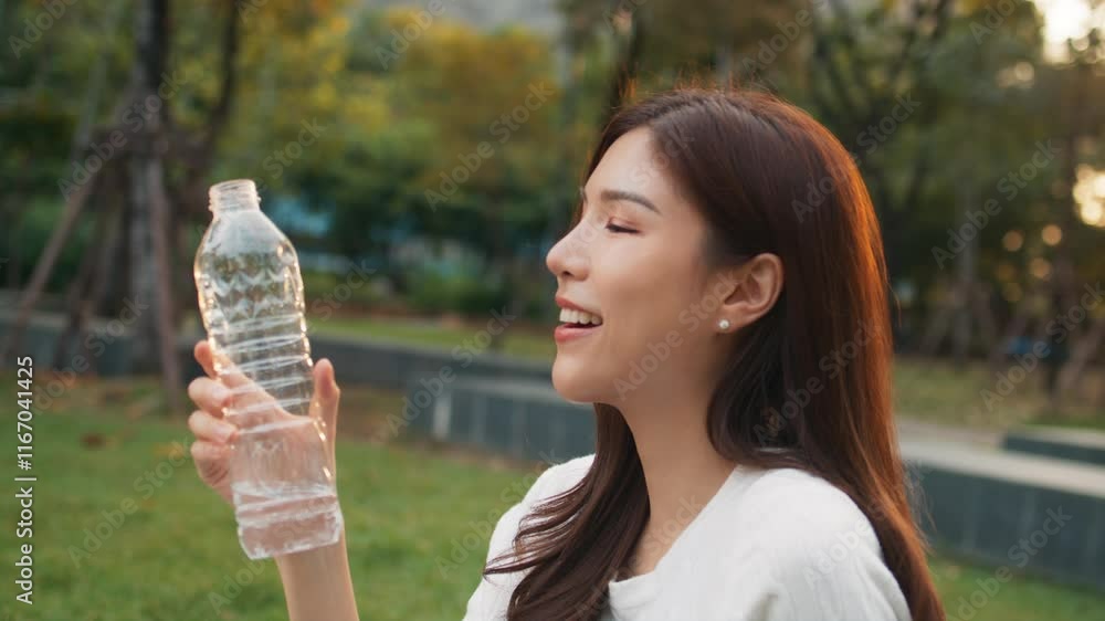 Healthy young Asian woman enjoys a calm morning drinking water to ...